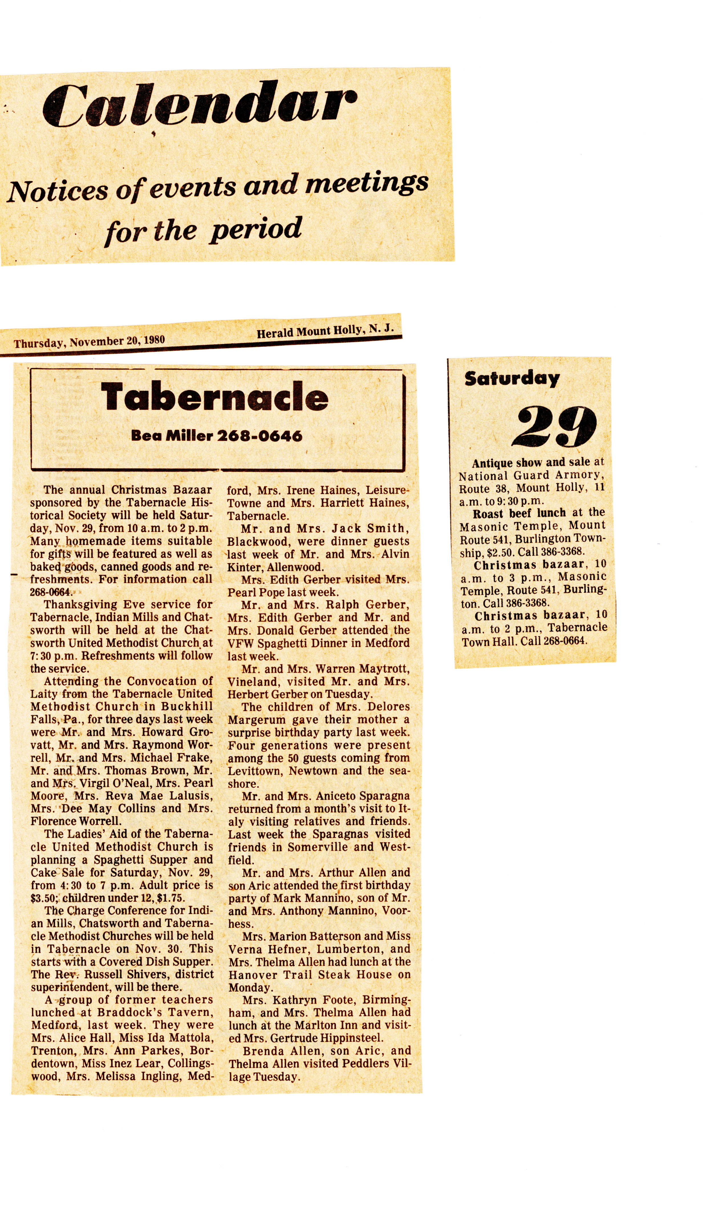1980 Newspaper Notes – Tabernacle Historical Society