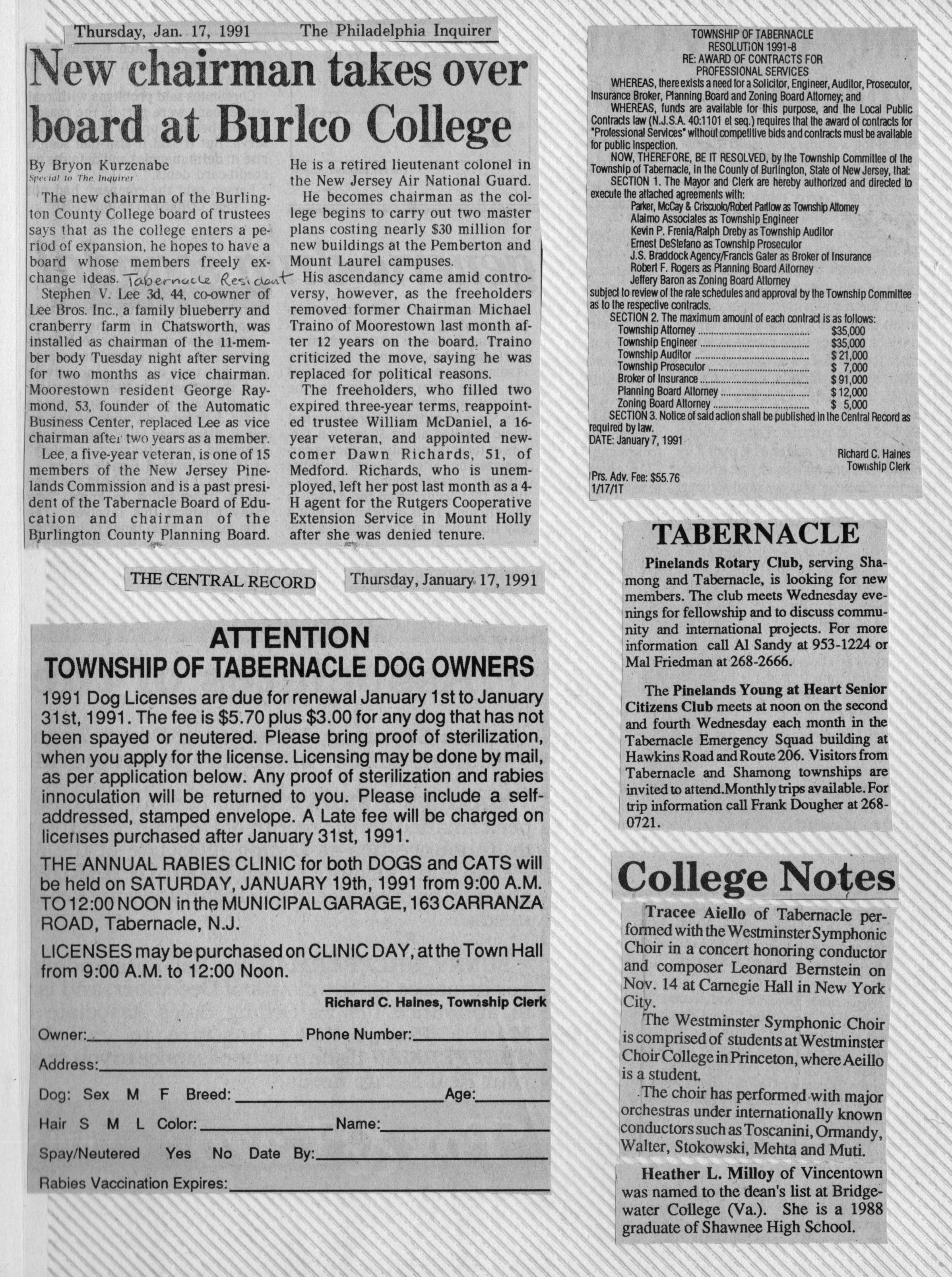 1991 Newspaper Notes – Tabernacle Historical Society